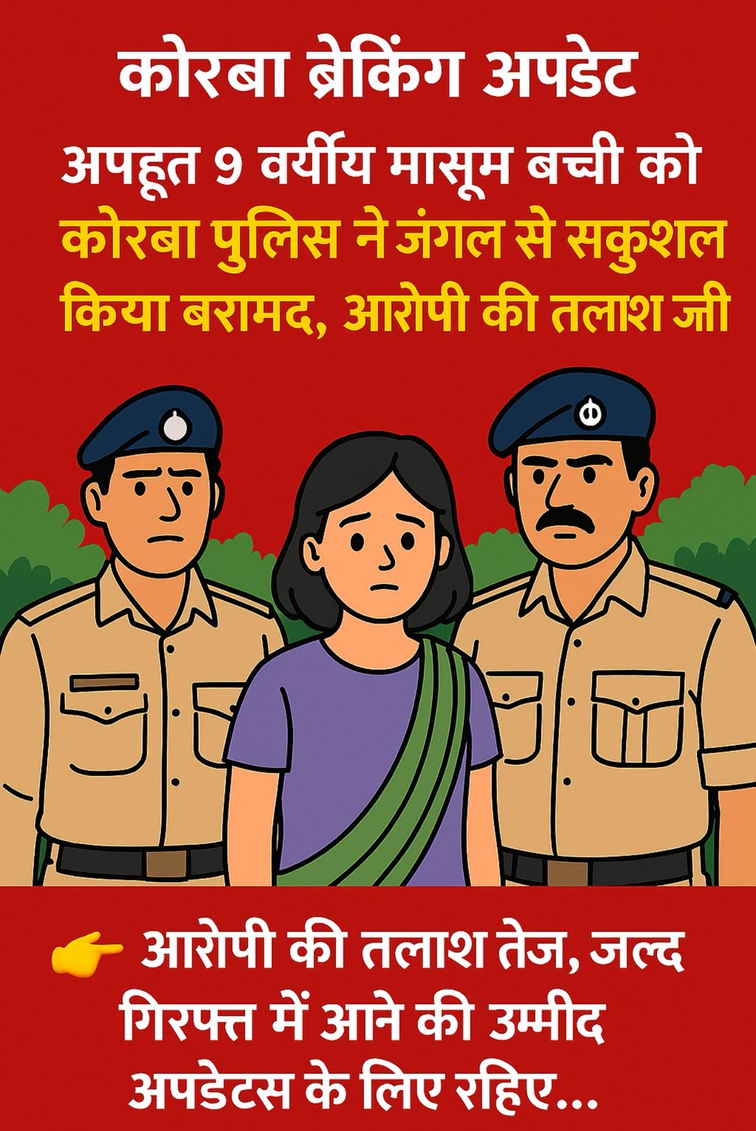 *कोरबा ब्रेकिंग अपडेट:-अपहृत 9 वर्षीय मासूम बच्ची को कोरबा पुलिस ने जंगल से सकुशल किया बरामद ...